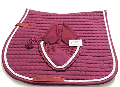 Horse English Saddle PAD with Matching Fly Bonnet with Ear NETS Breathable Cotton Handmade Full Size Stretchable Ears (Purple, Full)