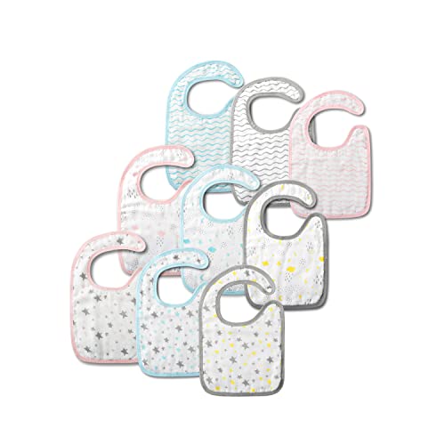 Little Grape Land 1OO% Cotton Muslin Bib 9 Pack, 8 Layers Breathable Adjustable Snaps Fits Babies and Toddlers 0-36 Months, Machine Washable Bib for Boys Girls - Colorful Stars & Stripe