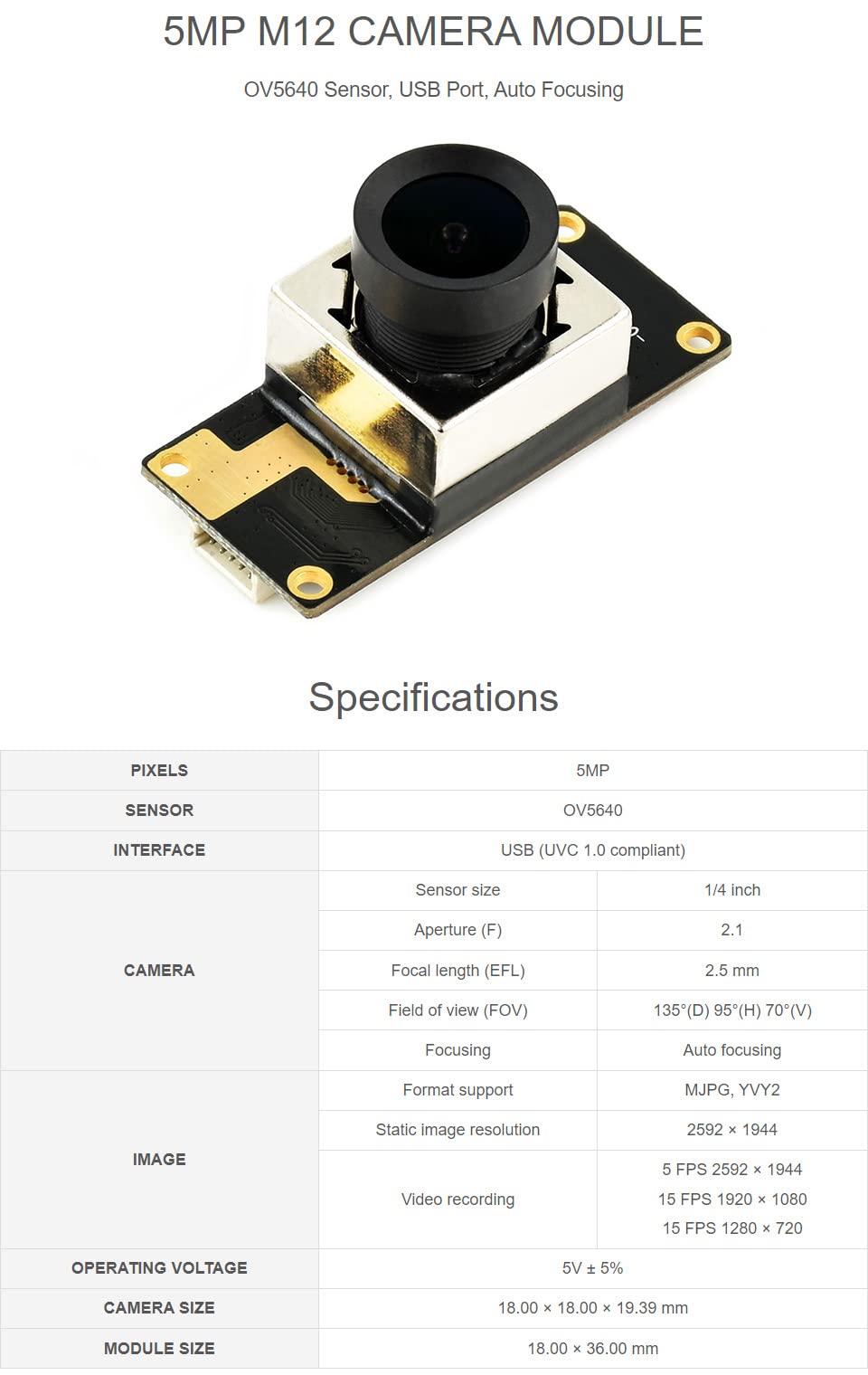 waveshare OV5640 Sensor 5MP USB Camera Auto Focusing Video Recording Plug-and-Play Driver Free USB Port