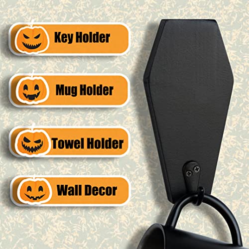 IRISVITA Coffin Key Holder (Set of 2) - Spooky Gothic Decor for Wall, Rustic Black Hanging Wooden Hooks for Keys, Mugs - 5.5 Inches Tall by 2.75 Inches Wide (Small)