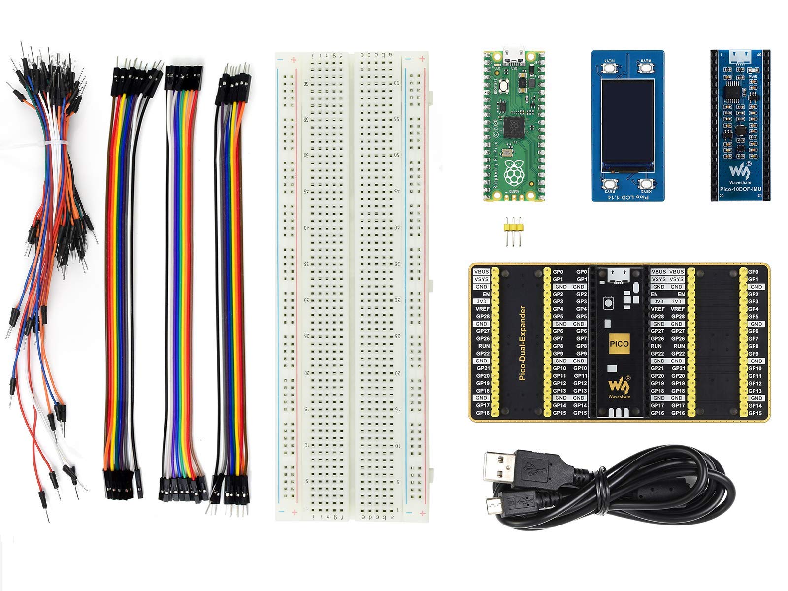waveshare for Raspberry Pi Pico Evaluation Kit B Include Pi Pico Board with Pre-Soldered Header,1.14inch RGB Color LCD, 10DOF IMU Sensor Module,Dual GPIO Expander,Breadboard
