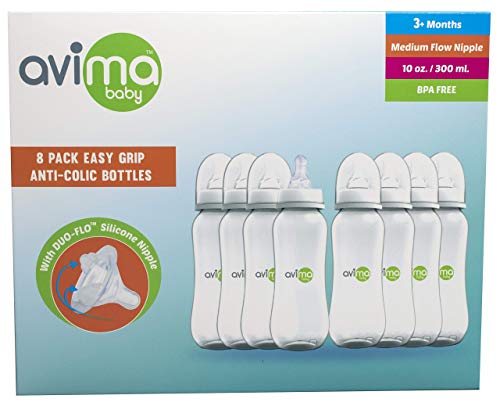Avima 10 oz Anti Colic Baby Bottles, BPA Free, Standard Neck with Medium Flow Nipples (Set of 8)
