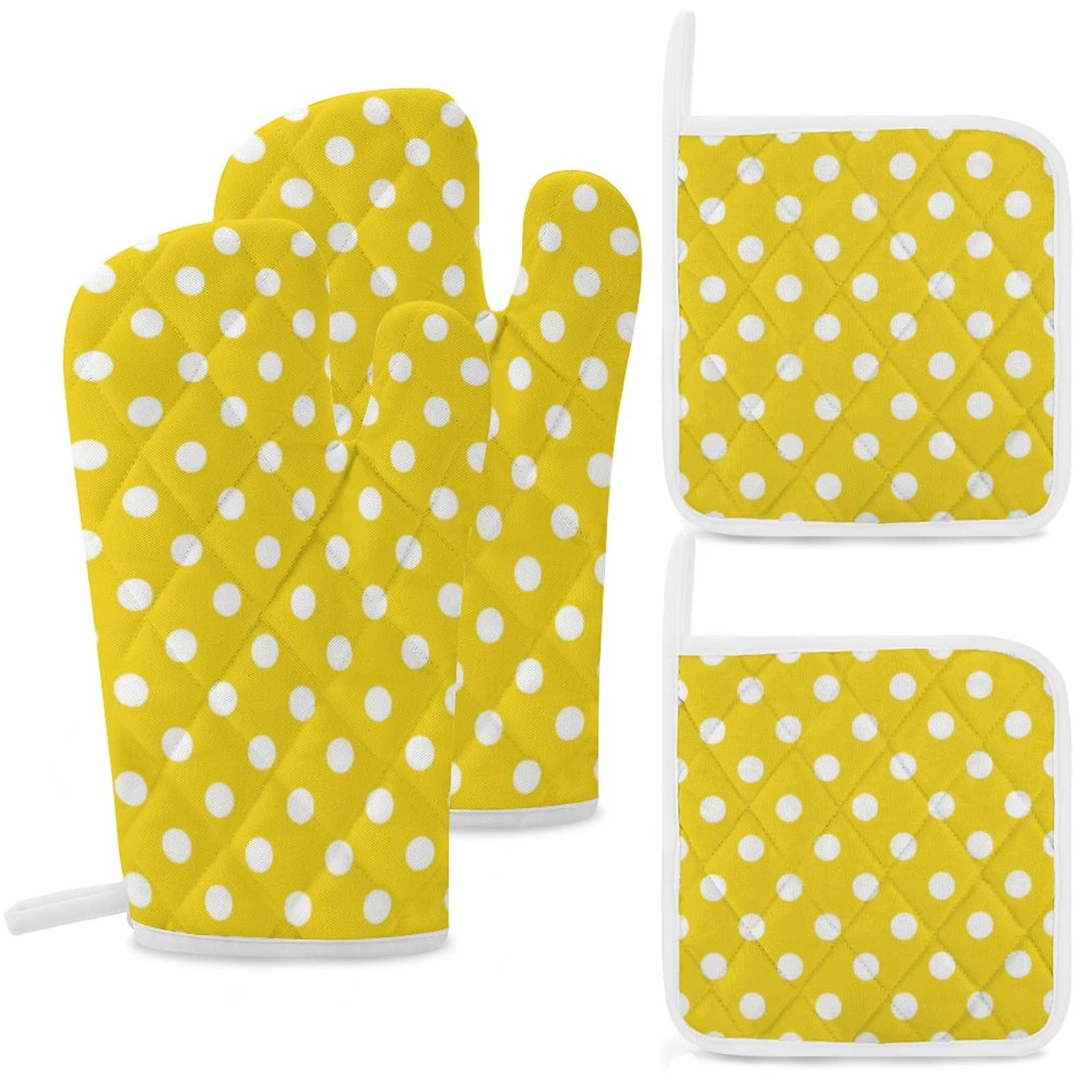 4PCS Oven Mitts Glove Kitchen Heat Resistant Pot Holders Set Lemon Yellow Polka Dot Pattern Kitchen Microwave Oven Gloves Mitts Anti-Scald Baking Cooking Gloves