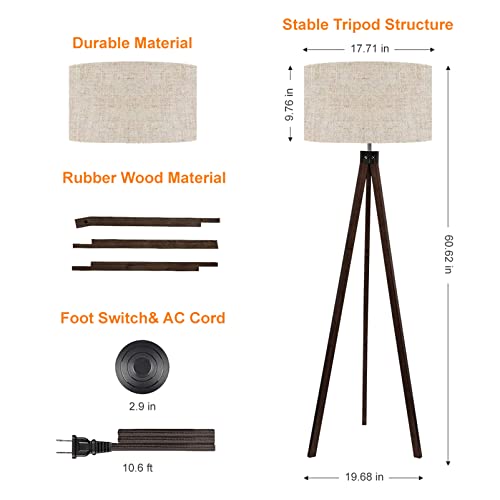LEPOWER Wood Tripod Floor Lamp, Mid Century Standing Reading Light for Living Room, Bedroom, Study Room and Office, Modern Design, Flaxen Shade with E26 Base (Walnut)