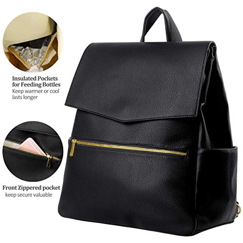 KZNI Leather Diaper Bag Backpack, Diaper Backpack Nappy Baby Bags for Mom Unisex Maternity Diaper Bag with Stroller Hanger|Thermal Pockets|Adjustable Shoulder Straps|Water Proof| LargeCapacity(Black)