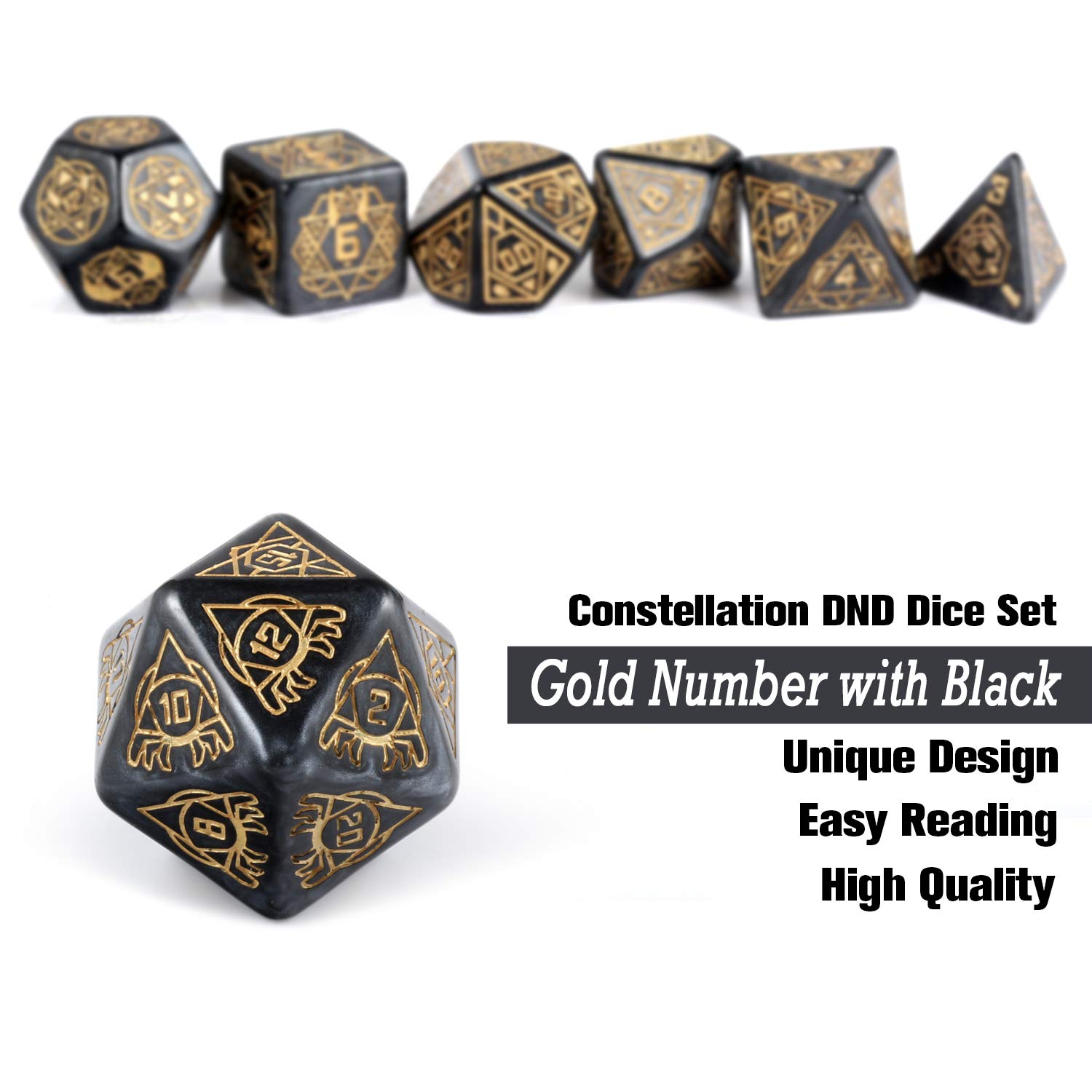 25mm Giant Polyhedral Dice Set D&D, DNDND Constellation Patterns DND Dice with Metal Tin for Role Playing Game Dungeons and Dragons (Black with Gold Number)