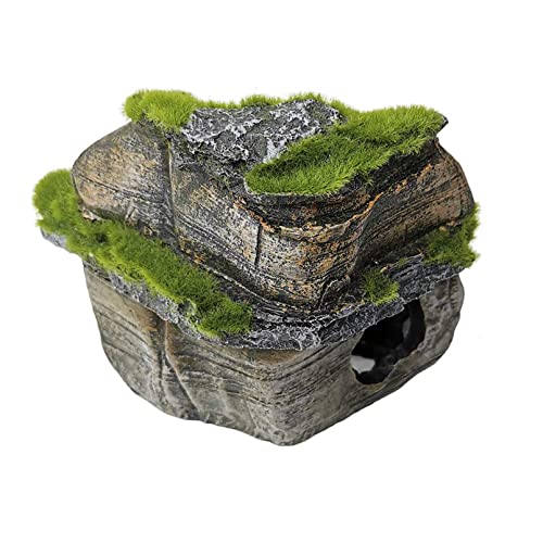 PINVNBY Aquarium Rock Cave, Hollow Fish Tank Ornament, Betta Hiding Hut Resin Mountain Landscape with Moss for Shrimps Guppies Cichlids Playing Resting