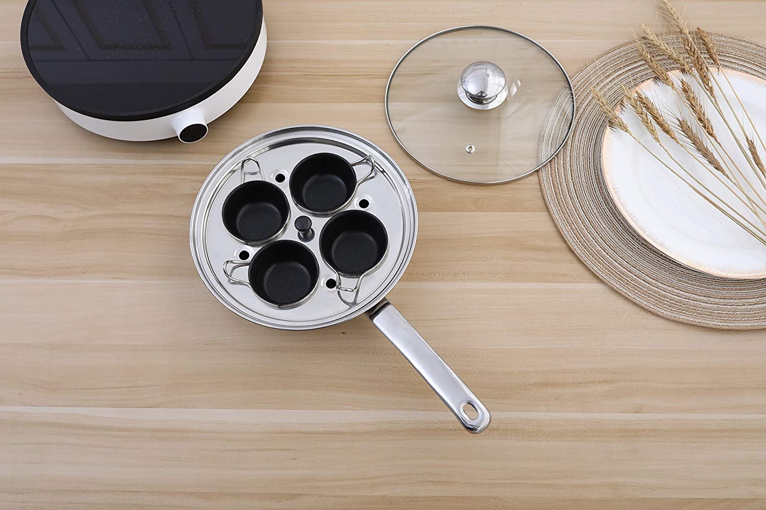 4 Cups Egg Poacher Pan - Stainless Steel Poached Egg Cooker β Induction Cooktop Egg Poachers Cookware Set with 4 Nonstick Large PFOA FREE Egg Poacher Cups and Silicone Spatula