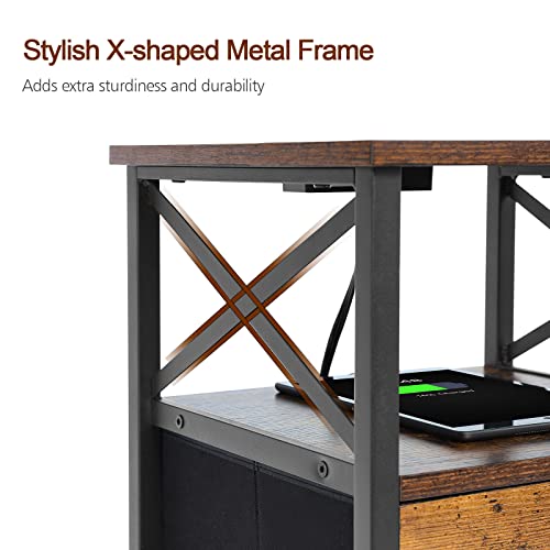 AMHANCIBLE End Table Living Room with Charging Station, Side Table with Fabric Drawer, Small Side Table with USB Ports and Outlets for Small Spaces Rustic Brown and Black HET05XBR1