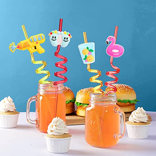 24 Summer Party Favors Reusable Drinking Straws for Kids Beach Pool Summer Birthday Party Supplies Decorations with 2 PCS Cleaning Brushes