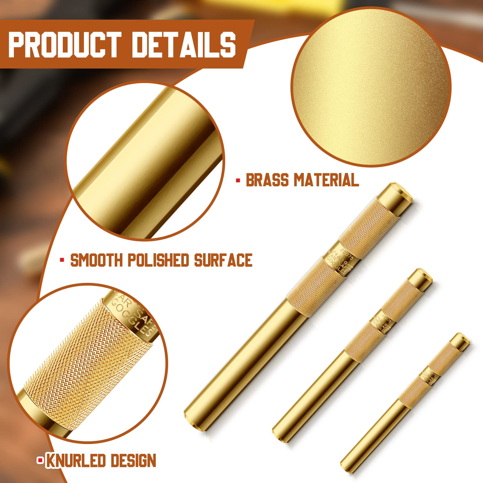 3 Pcs Brass Drift Punch Set, 3/4, 1/2, 3/8 Inch, 25075 25076 25077 Brass Punch Kit