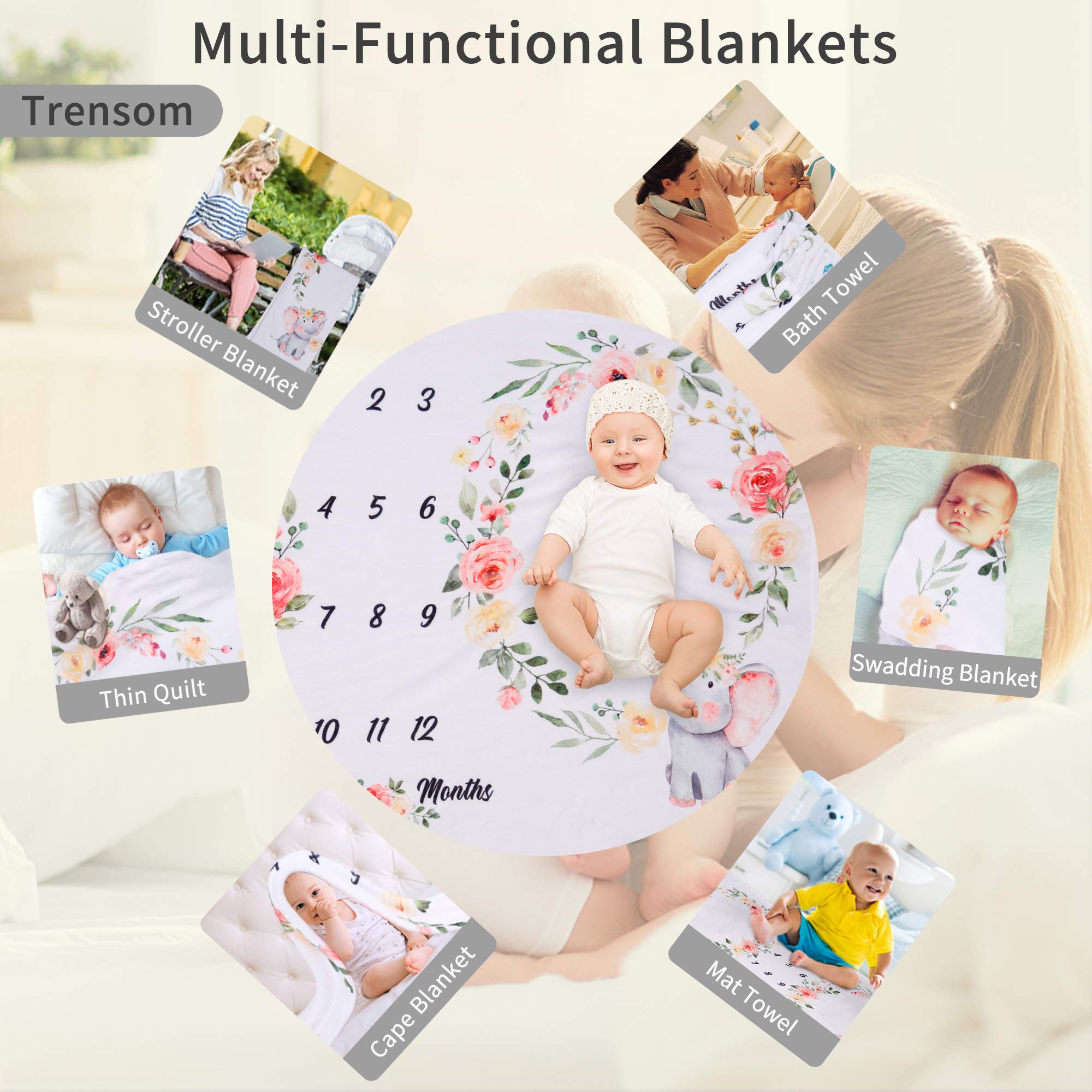 Twin Elephant Milestone Blanket Soft Premium Flannel Fleece Baby Monthly Milestone Blanket Personalized Photography Background Blankets Unisex Twin Gifts