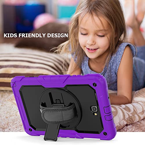CLARKCAS Case for Samsung Galaxy Tab A 10.1 Case 2016 SM-T580/T585 with Screen Protector Kids Shockproof Rugged Cover Pencil Holder 360 Kickstand Hand Shoulder Strap Purple