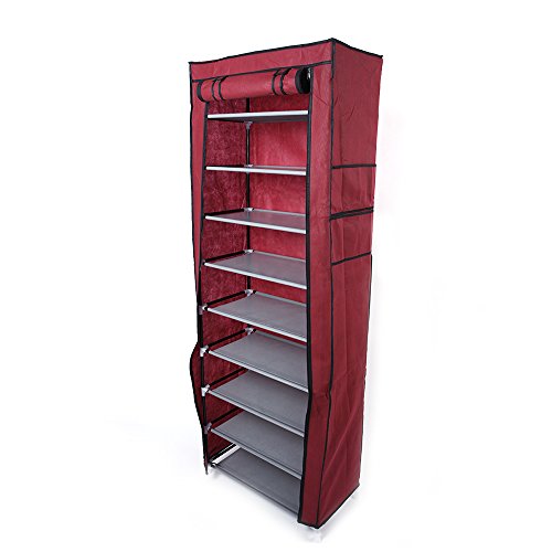 Guangshuohui Shoe Cabinet, 10-Layers 9 Lattices Non-Woven Fabric Shoe Rack with Dustproof Cover Closet Shoe Storage Cabinet Organizer (Wine Red)