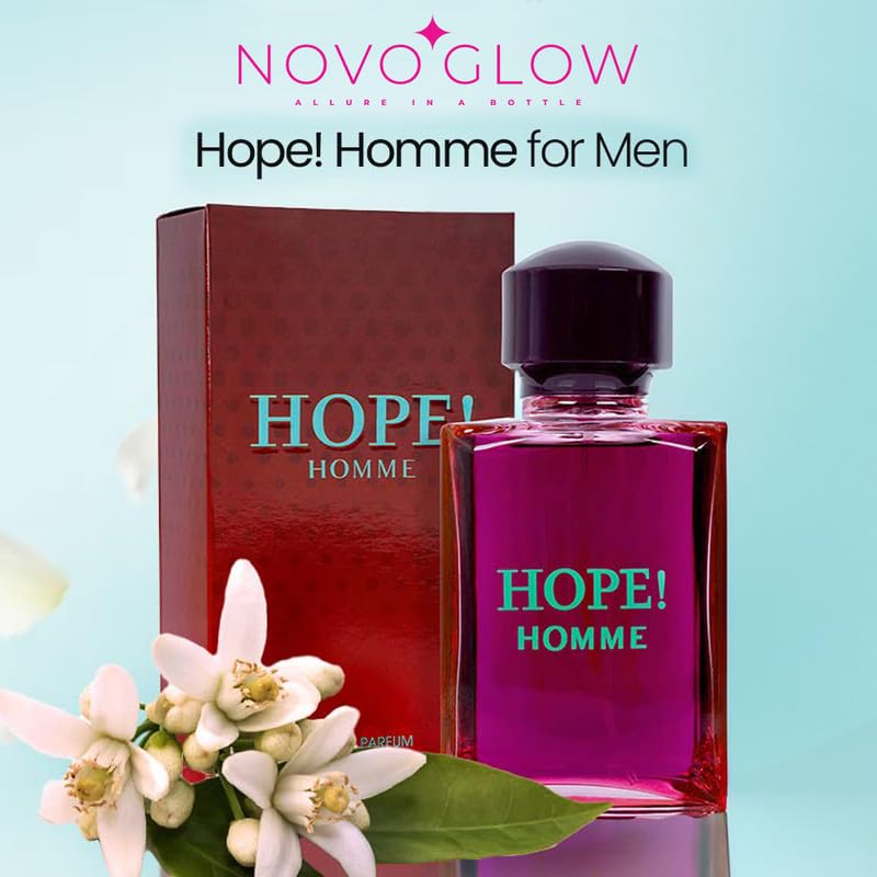 NovoGlow Hope Homme for Men - 100ml Eau De Parfum Spray for Men - Spicy Floral & Intense Fragrance Warm Scent Lasts All Day Long Includes Carrying Pouch Gift for Men for All Occasions