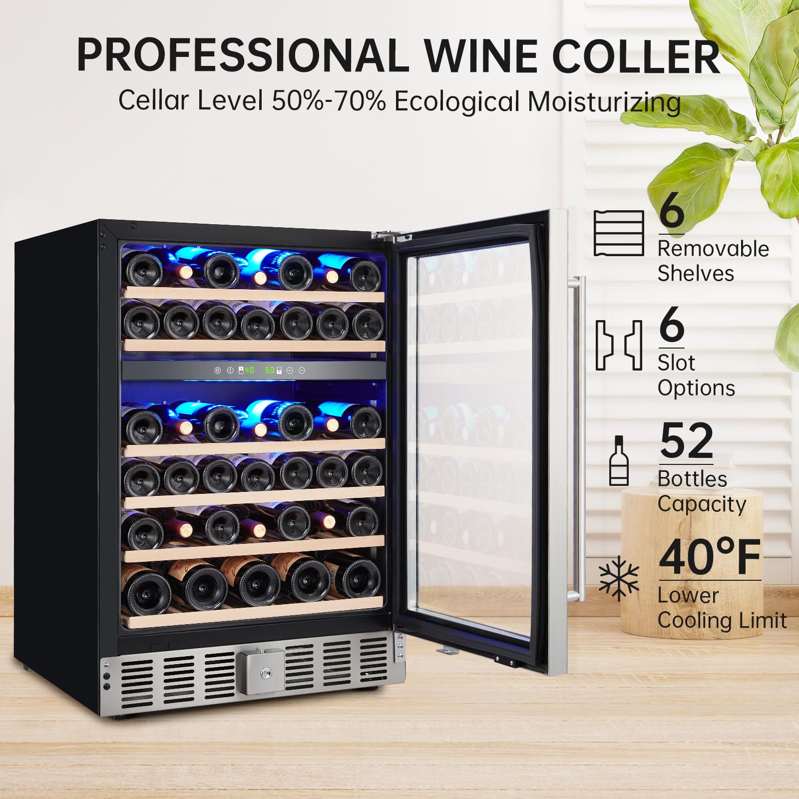 52 Bottles Wine Cooler Under Counter, 24 Inch Dual Zone Wine Fridge with 40~64°F Independent Temperature Control, Safety Lock, All Wood Removable Shelves, Stainless Steel+Glass Door, Dual Zone