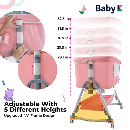 BABY K Baby Bassinet Bedside Sleeper (Pink) - 3 in 1 Bedside Bassinet Crib Attach To Bed - Convertible Bassinet With Breathable Attached Mesh Side and Mattress - Baby Co Sleeper For Bedside For Infant