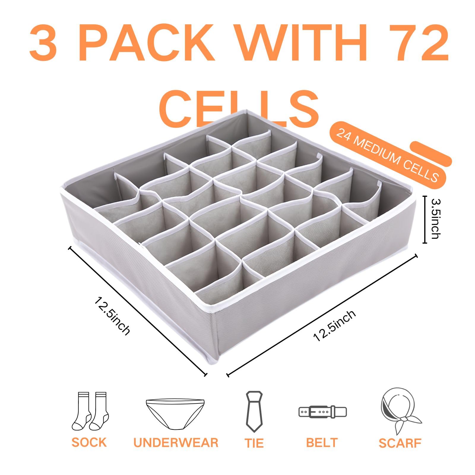 3 Sets of Sock and Underwear Storage Dividers, 72 Compartment Fabric Foldable Drawer Organizer, Closet Drawer Organization for Socks, Underwear, Belts and Ties (24+24+24 Cell, Light Gray)