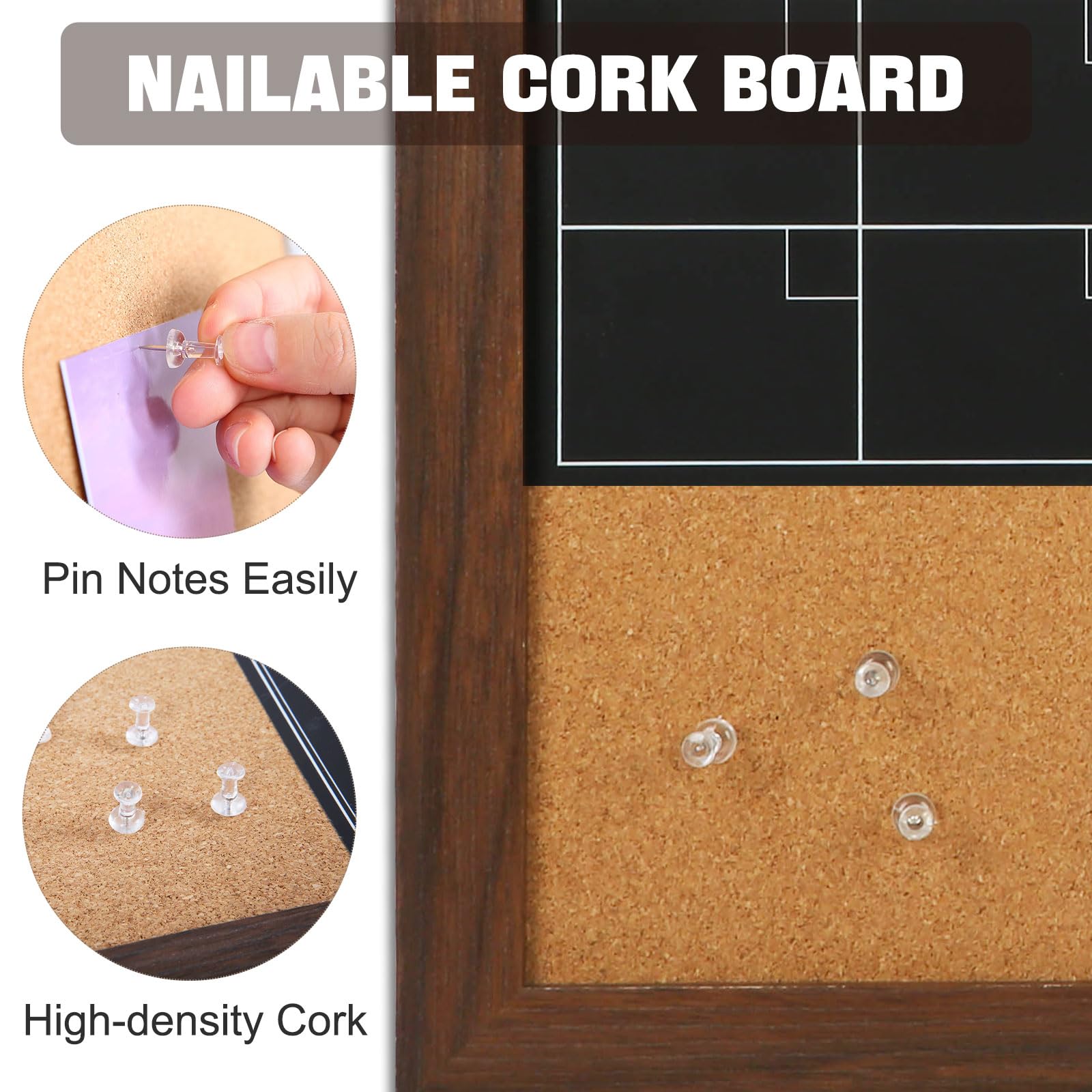 4 THOUGHT Chalkboard Calendar Corkboard Combo, 18" x 24" Bulletin Board Magnetic Calendar Chalkboard for Wall Combination Board Monthly Planner Rustic Brown Frame 2 Markers 6 Magnets 4 Pushpins