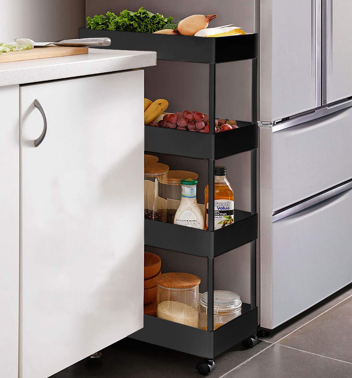 4 Tier Rolling Cart Slim Storage Cart with Wheels Slim Slide-Out Storage Organizer Cart for Kitchen Pantry Living Room Narrow Space, Black