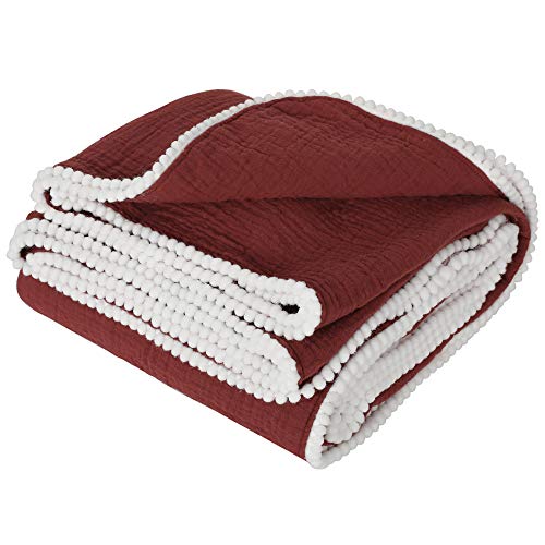TILLYOU Organic Muslin Swaddle Baby Blanket, 100% Soft Cotton Swaddling Receiving Blanket with Pom, Large Lightweight Baby Wrap Blanket, 47'' x47'' Brown