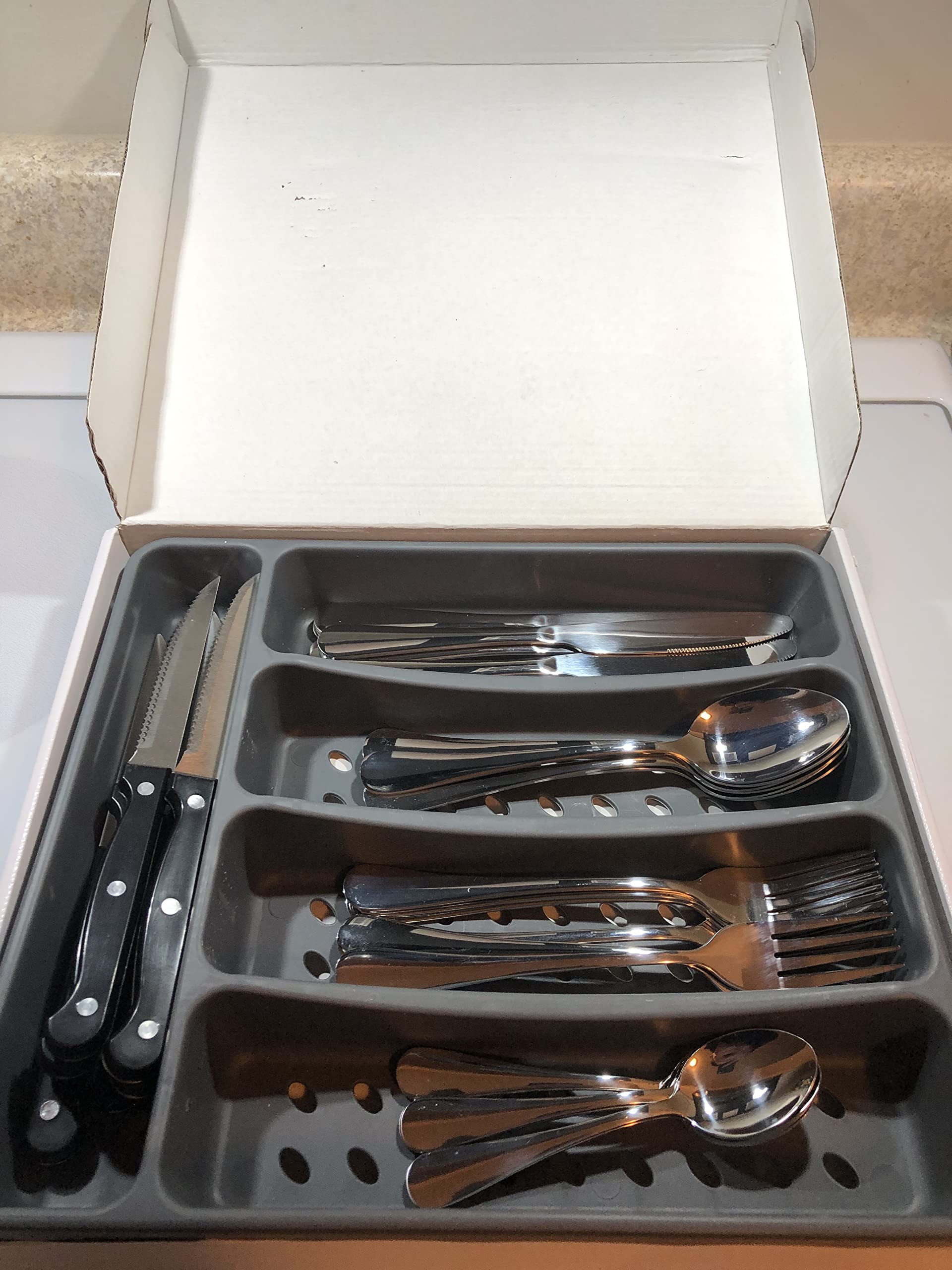 30 Piece Flatware Set for 6, Large Fork, Large Spoon, Small Spoon, Table Knife, Steak Knife
