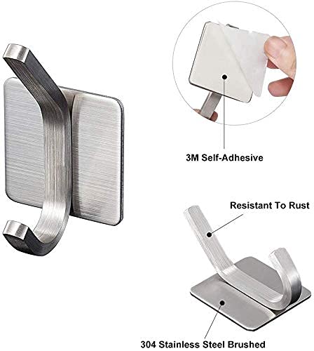 Koksi Self Adhesive Hooks Stainless Steel 3M Adhesive Wall Hanger, Waterproof Heavy Duty Sticky Wall Hooks Toilet Rust-Proof Bath Towel Hanger for Bathroom Bedroom Kitchen (2, Silver)
