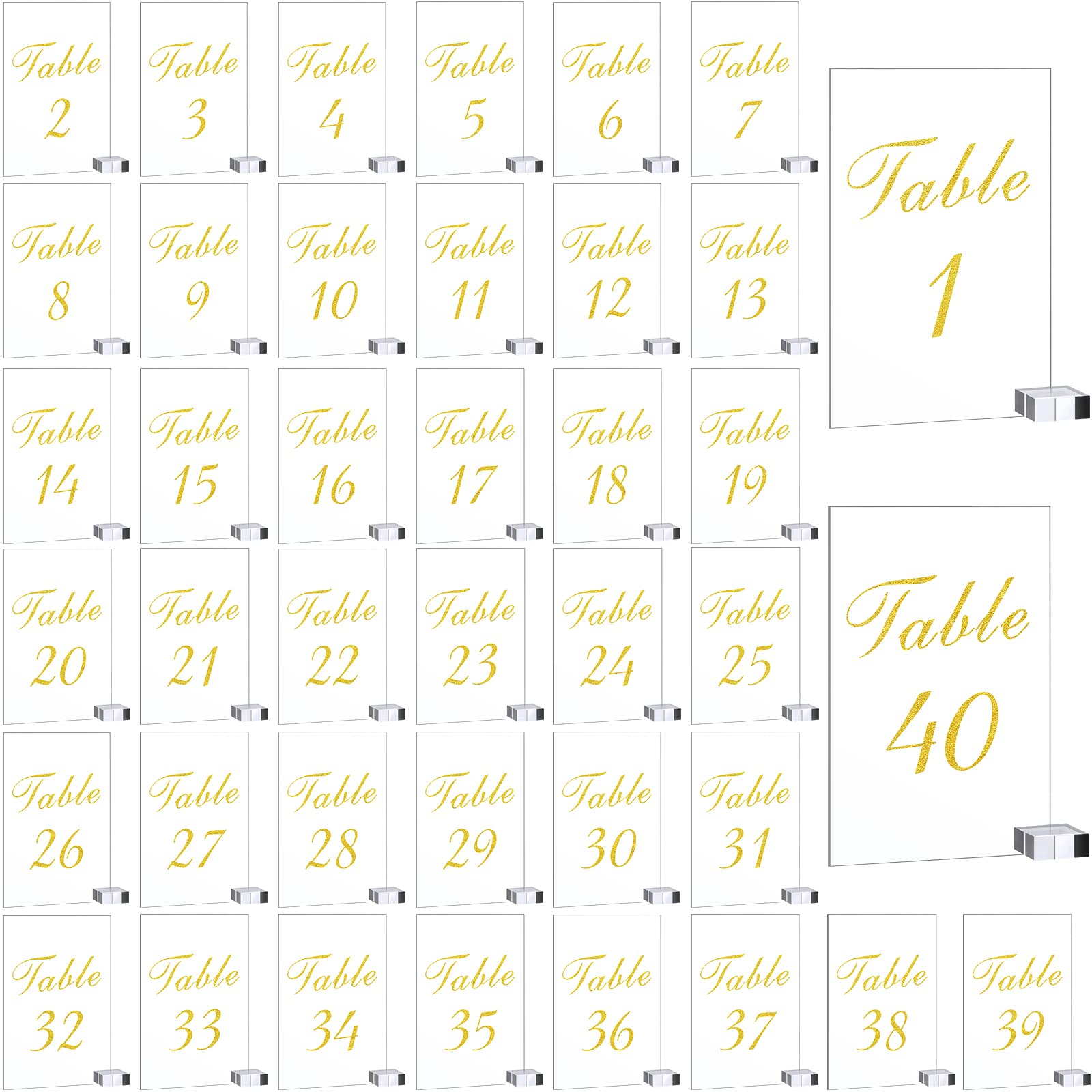 Acrylic Wedding Table Numbers with Stands 1-40 Gold Table Number Signs and Holders 4 x 6 Inch Printed Calligraphy Table Number Holders Clear Acrylic Sign for Wedding Reception Centerpiece Event Party