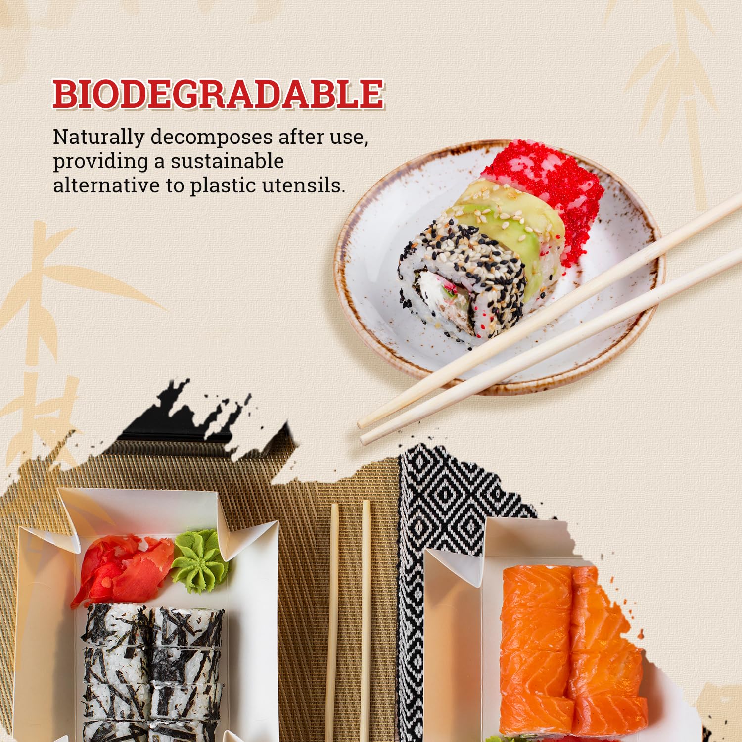 52USA Disposable Bamboo Chopsticks (100 Sets), Wooden Japanese Chopsticks Bulk, 9'' Long Chopsticks Disposable, Individually Wrapped Chinese Chopsticks