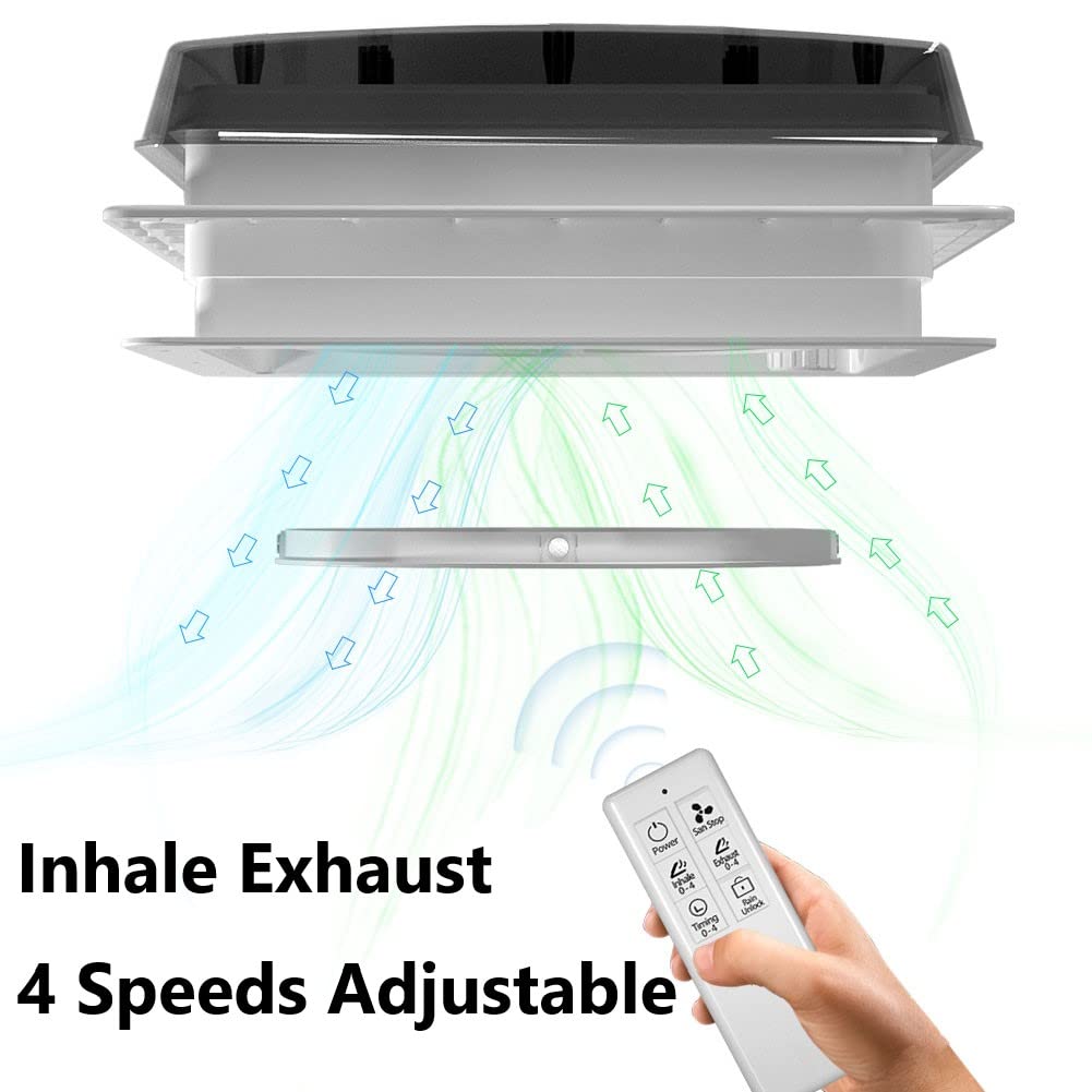 2012 Electric Air Max 14" Vent RV Roof Vent Reversible Exhuast Fan, Ultra Low Sound Level Permanent RV Air Ventilation Ceiling Fan 12V Remote with Rain Sensor, Semi-transparent UV-Proof Cover Lid