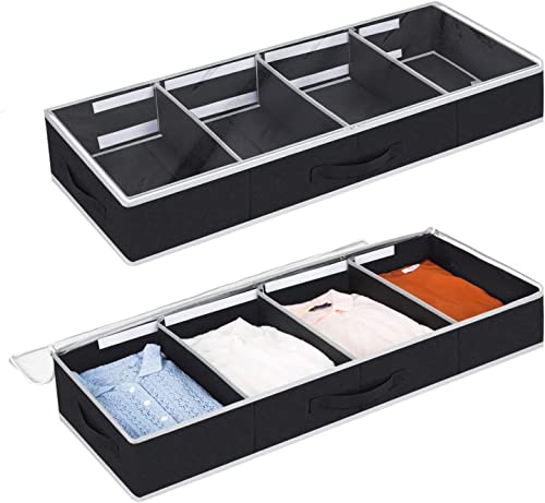 Lifewit Under Bed Clothes Organizer Large Adjustable Dividers Storage Bag with Durable Fabric, Reinforced Handle, 4 Clear Window for Clothing, Shoes, Blankets, Sweaters, Black, 2 Pack