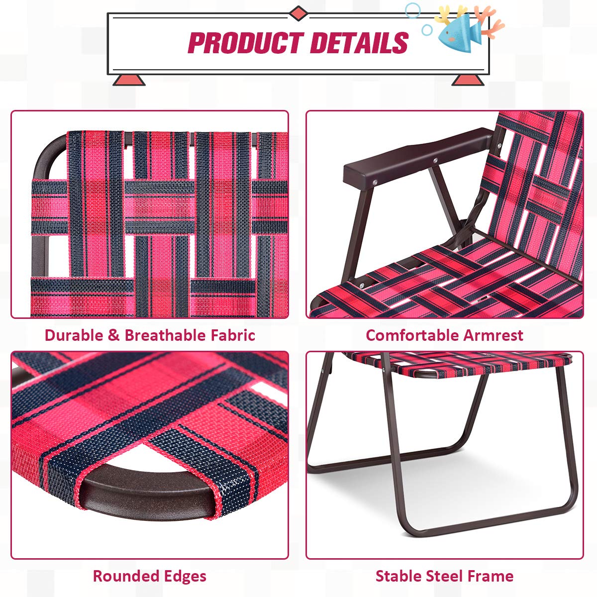 6 PCS Folding Lawn Chairs Set, Portable Outdoor Patio Chairs w/Stable Metal Frame & Armrests, Webbed Folding Beach Chairs Set for Lawn Patio Garden Backyard (Red)