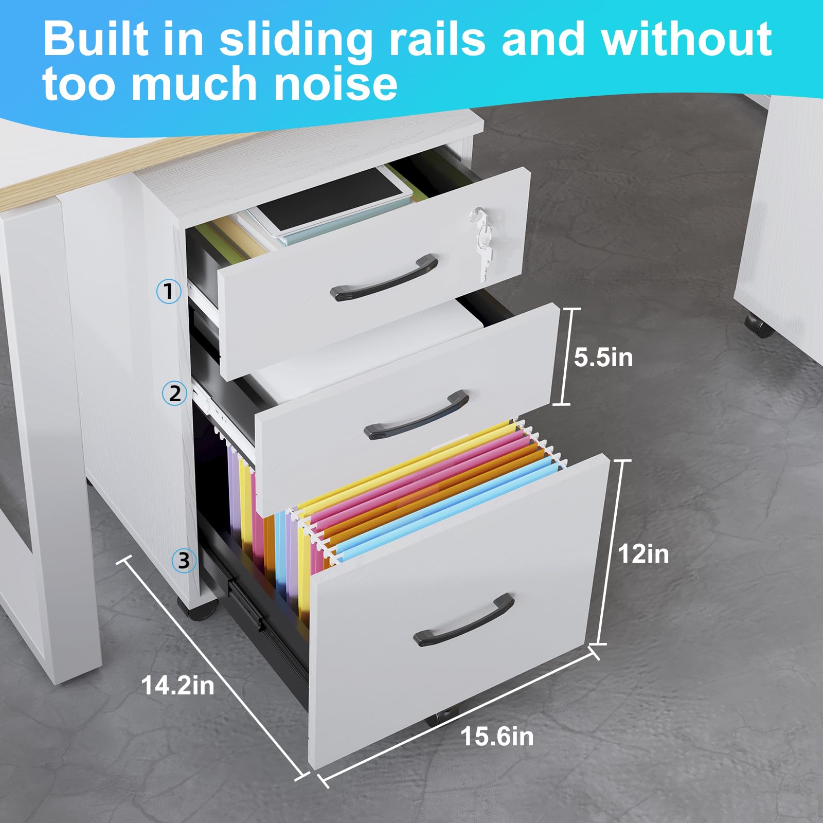 3 Drawer Wood Mobile File Cabinet with 1 Lock, Under Desk File Cabinet with 5 Wheels, Rolling Filing Cabinet for Home Office, Filing Cabinet Organizer, for Letter Sized Documents (White)