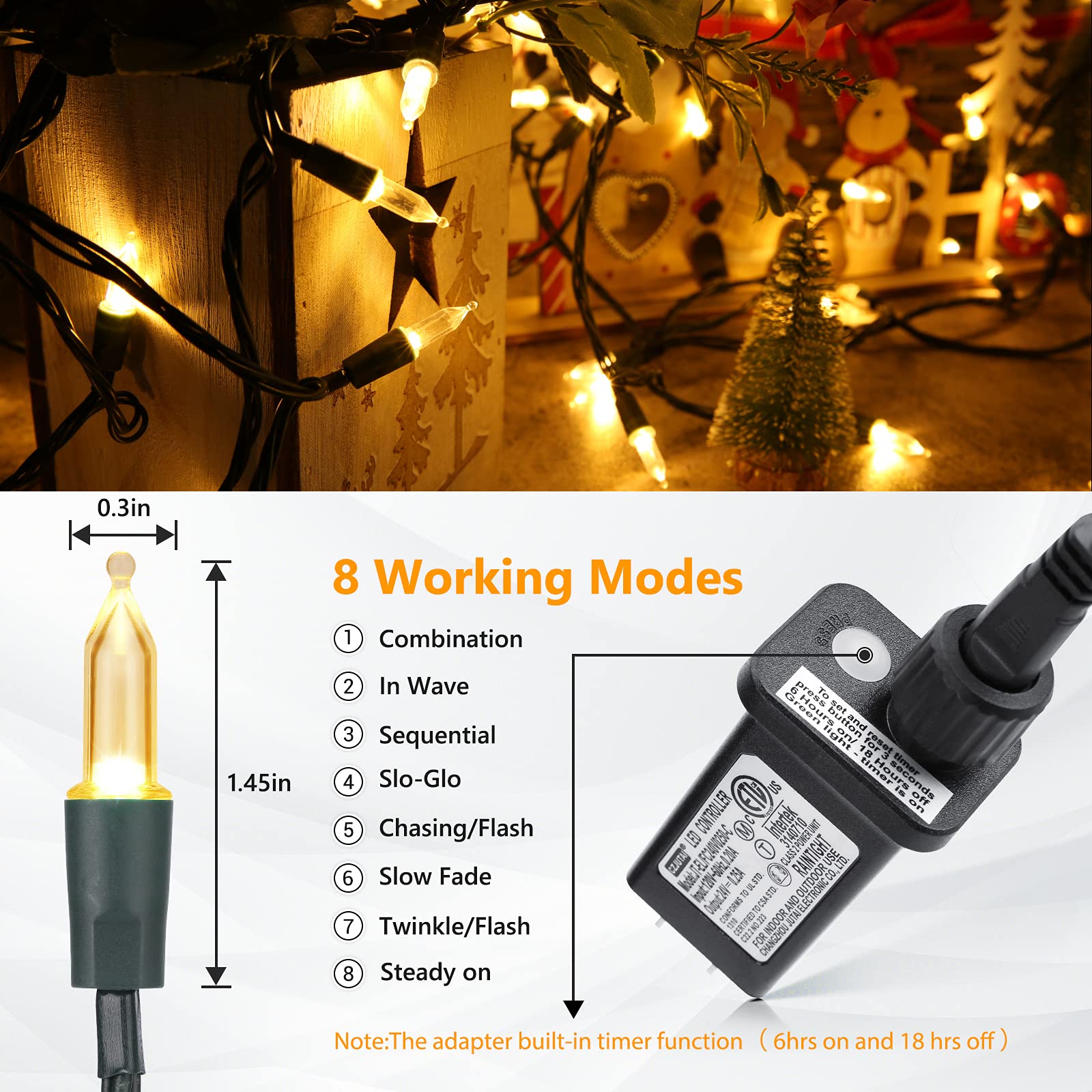Joomer Warm white LED Christmas Lights Outdoor, 66ft 200 LED Mini String Lights 8 Modes Timer Twinkle Fairy Lights Connectable Waterproof for Indoor Outdoor Home Garden Party Xmas Decoration