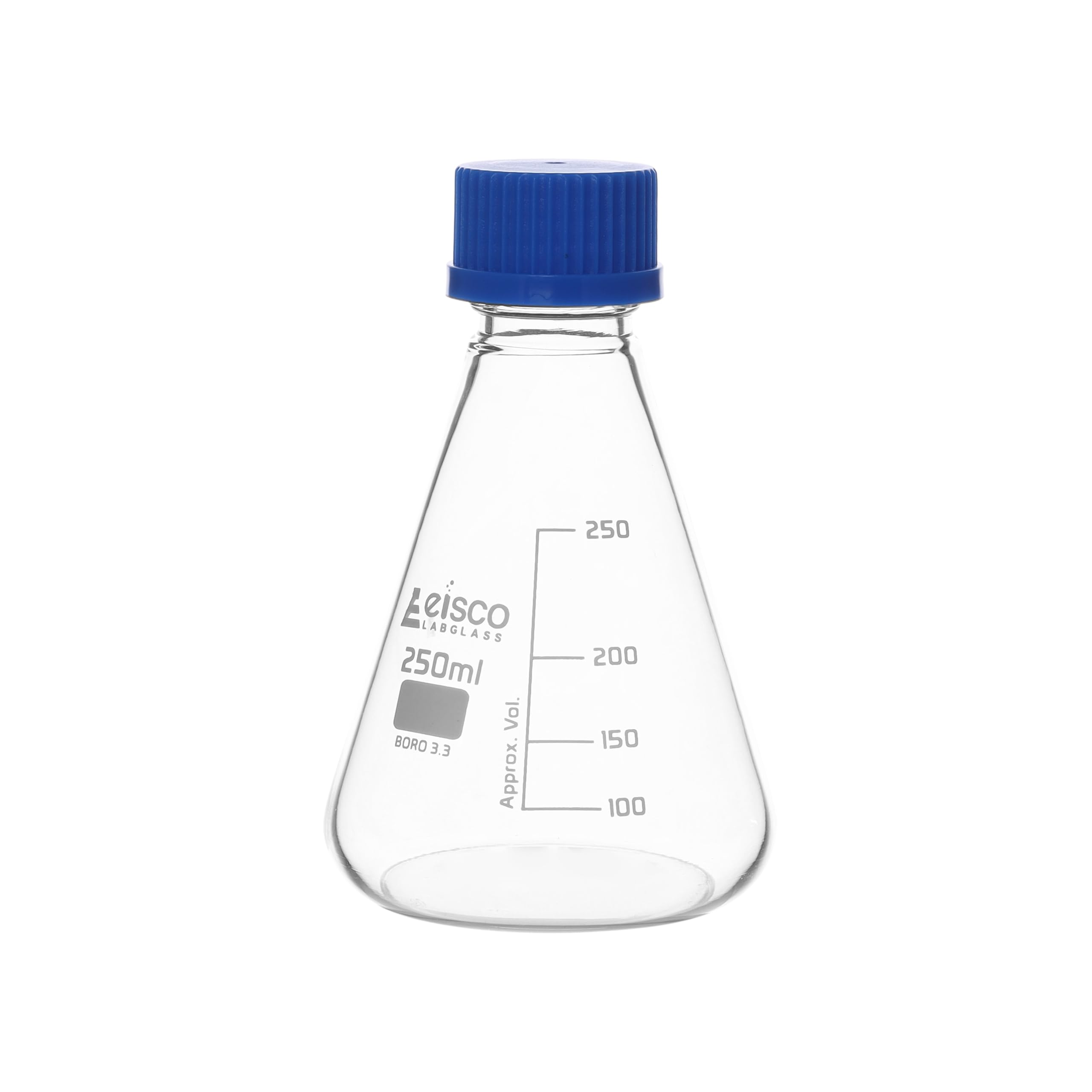 EISCO Erlenmeyer Flask, 250ml - Borosilicate Glass - with PTFE Screw Cap - Conical Shape - White Graduations