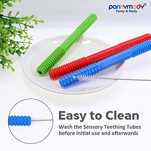 Sensory Teething Tubes(3 Pack), Soft Silicone Teether Toy for Babies - Therapeutic Chewy Stick for Kids, Boys and Girls with Autism, ADHD, SPD, Biting, Chewing, Oral Motor Needs(Blue,Green,Red)