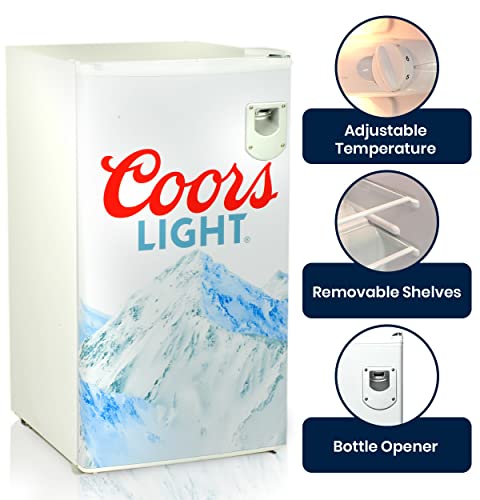 Coors Light Rocky Mountain 3.2 cu ft (90L) refrigerator Compact Fridge Bottle Opener White Space Saving Flat Back Design Reversible Door Adjustable Temperature Control Tempered Glass Shelves Office RV
