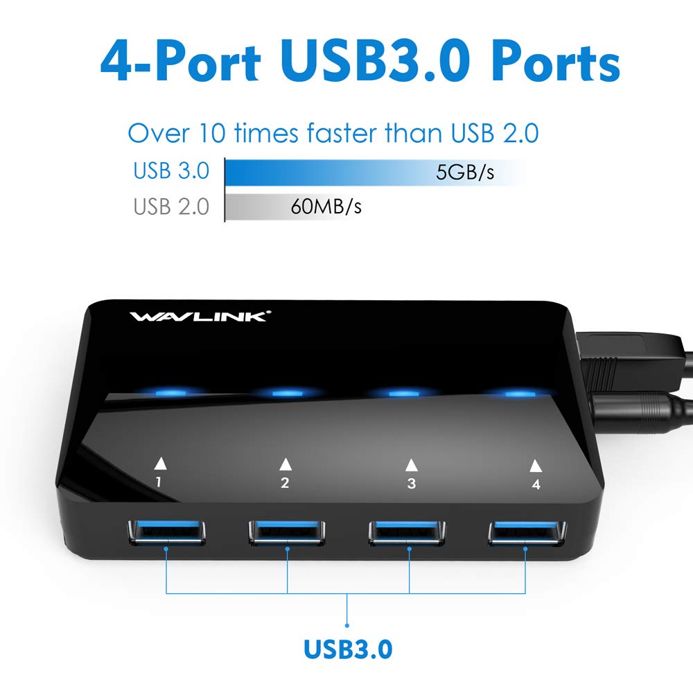 USB Powered Charging Hub,Wavlink USB Hub with 4 USB 3.0 Data Ports and 1 USB Smart Charging Port up to 2.4A,12V/2A Power Adapter, USB Splitter Support for Laptop,PC,Mac,Windows