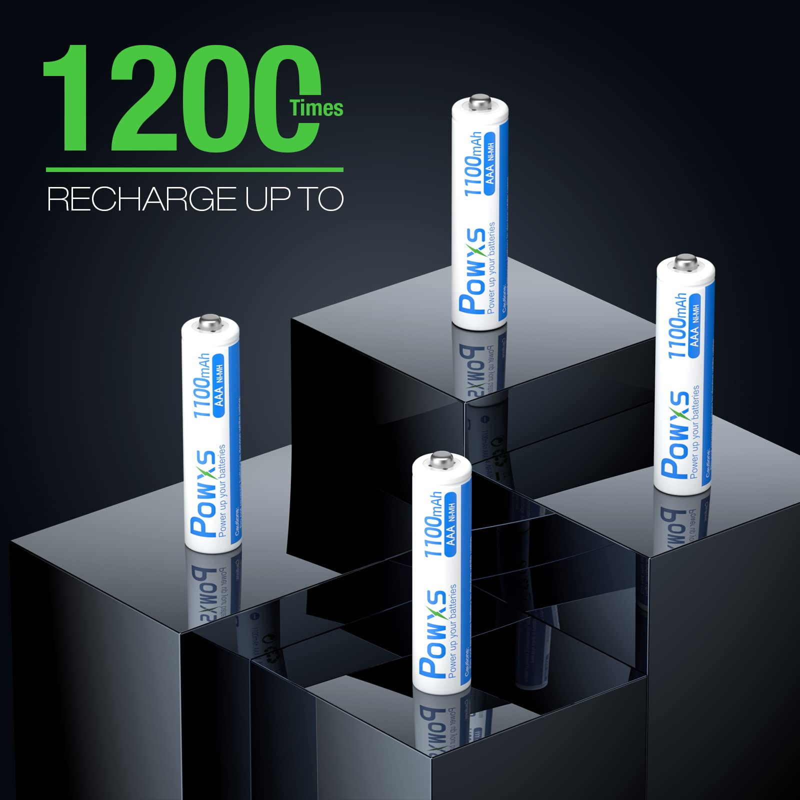 POWXS AAA Rechargeable Batteries, 1.2V 1100mAh Ni-MH Pre-Charged Triple AAA Batteries, High Performance & Long Lasting - 16 Count