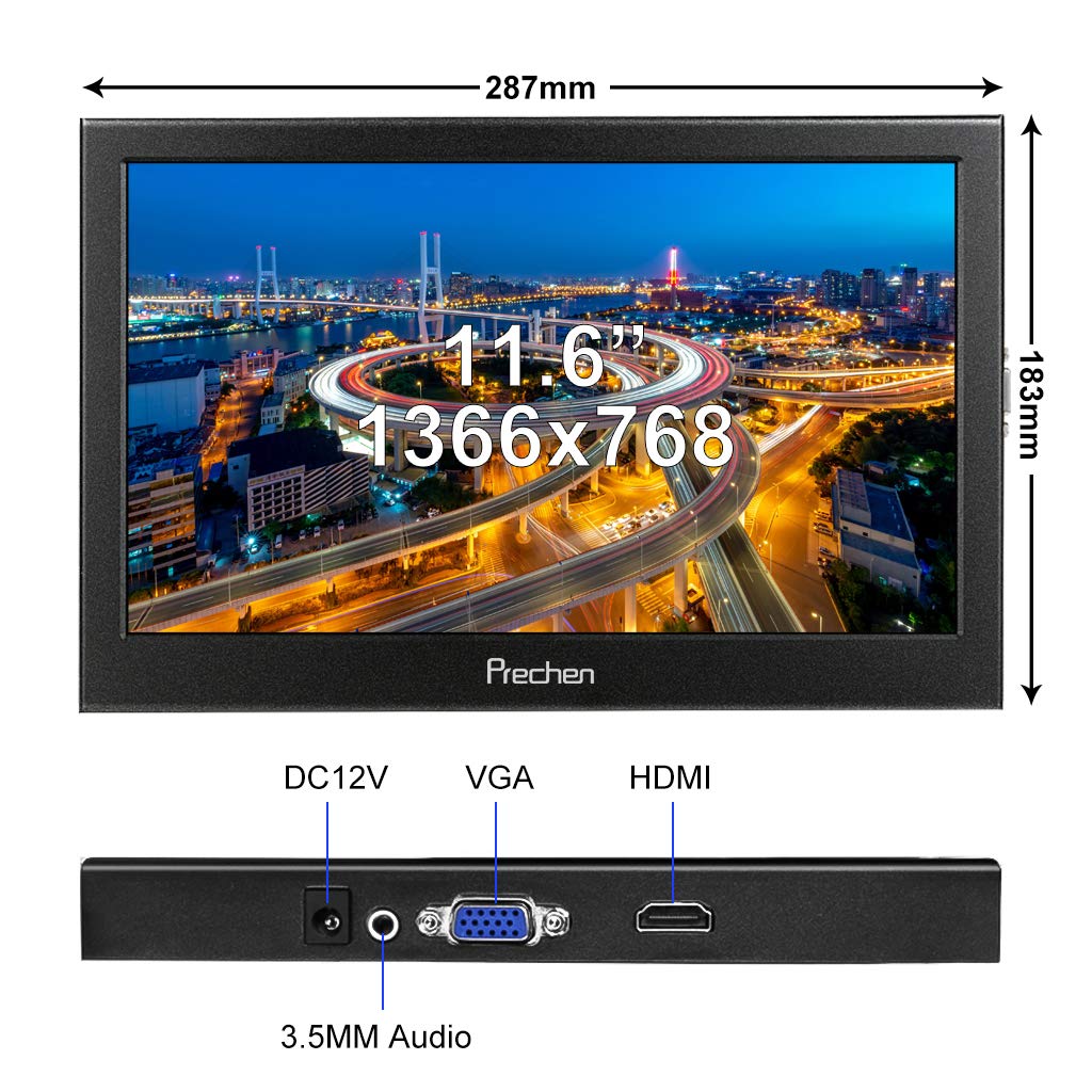 Prechen 11.6 inch Portable Monitor, 1366X768 External Screen for Computer Small Monitor for Laptop PS3 PS4 Raspberry Pi 3 2 1 Windows 7 8 10 System Home Office,Build in Speaker,60hz
