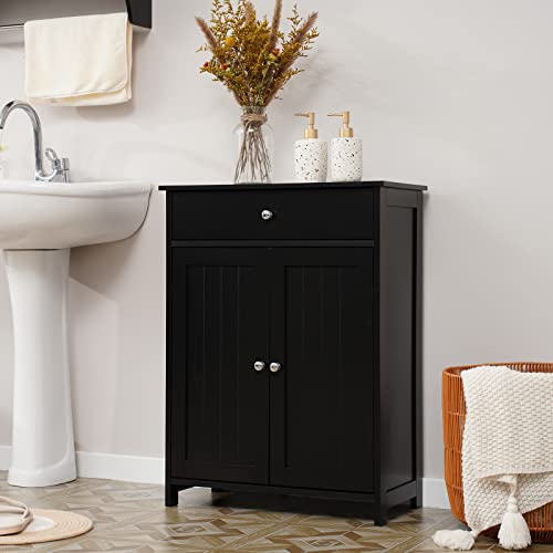 Iwell Bathroom Cabinet, Free Standing Bathroom Storage Cabinet with 1 Large Drawer & Adjustable Shelves, Wooden Entryway Storage Cabinet for Bathroom, Kitchen, Living Room, Black