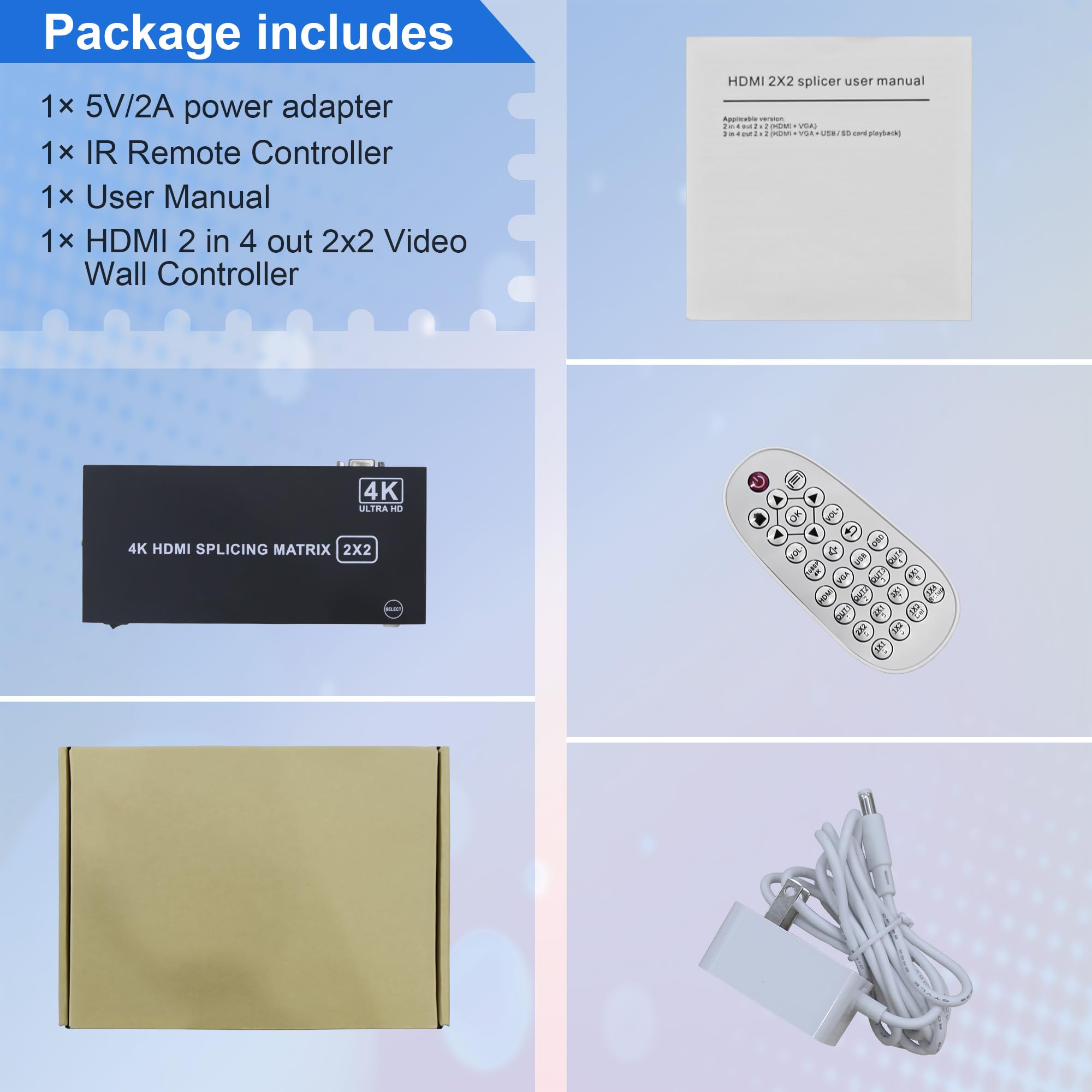 2x2 Video Wall Controller, 4K UHD Video Wall HDMI Splitter TV Wall Processor for 4 TV Splicing Display, 180 Degree Rotate and 8 Splicing Modes 2x2,1x2,1x3,1x4,2x1,3x1,4x1 with Remote Control