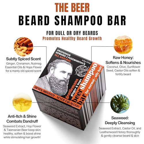 Professor Fuzzworthy's Gentlemans BEER Beard Hair SHAMPOO Bar for Normal, Dry, Oily Hair | SCENTED with All Natural Oils From Tasmania Australia - 4.2 oz