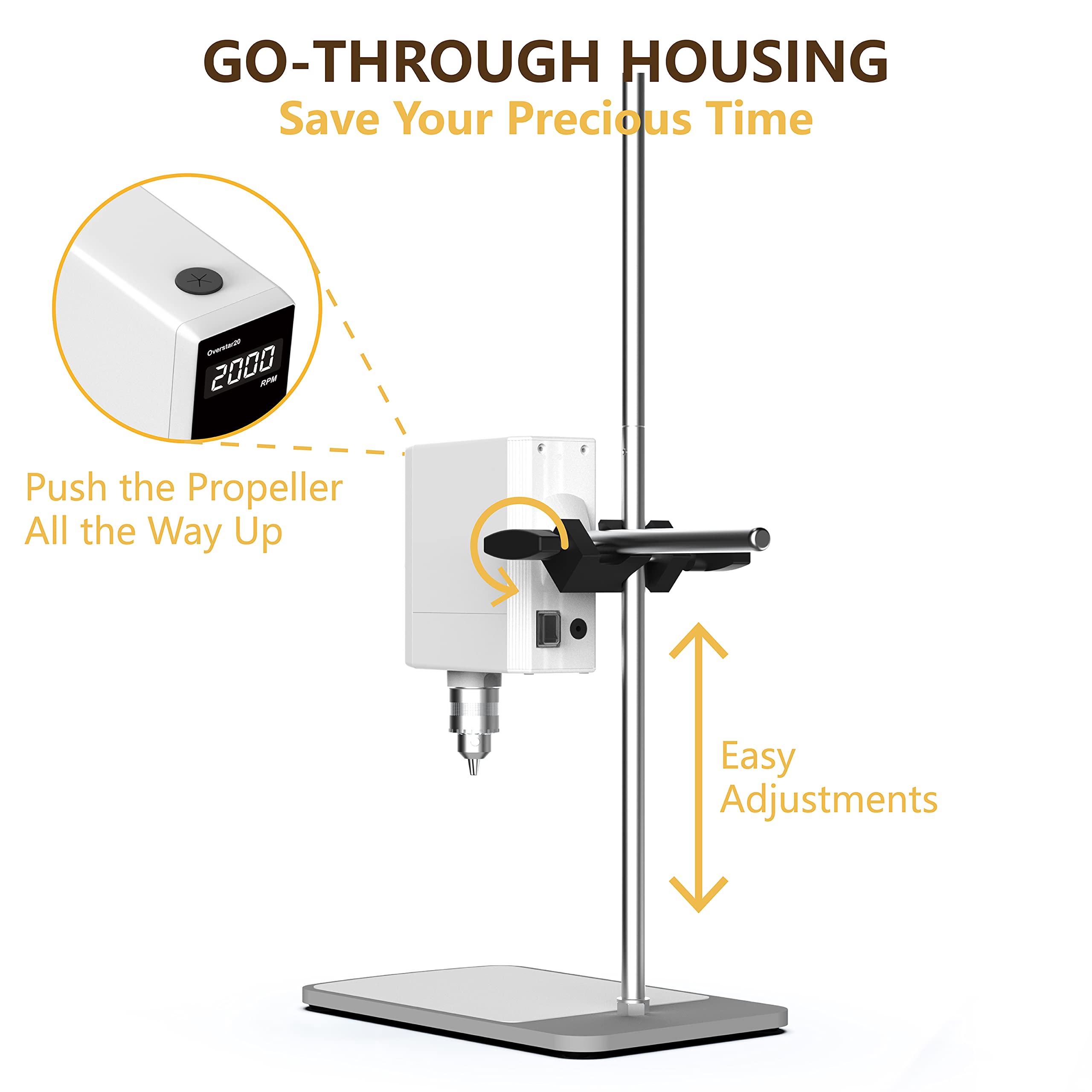 4E's USA Overhead Stirrer - 40 Liter, 50000mPas, 50~2000 RPM Variable Speed with Stand and Stirring Rod, LED Lab Stirrer Mixer with Safety Sensors and Go-Through Design for Easy Rod Adjustment