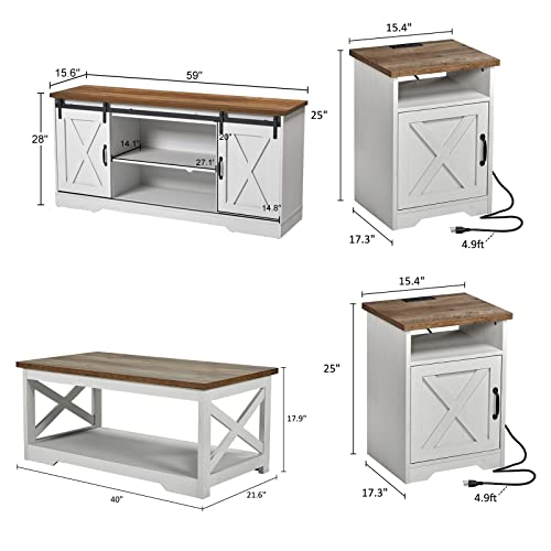 AMERLIFE 4-Piece Farmhouse Table Set Includes Sliding Barn Door TV Stand, Coffee Table& Two End Tables, Side Table with Charging Station and USB Ports, for Living Room, Bedroom, Distressed White, 59β