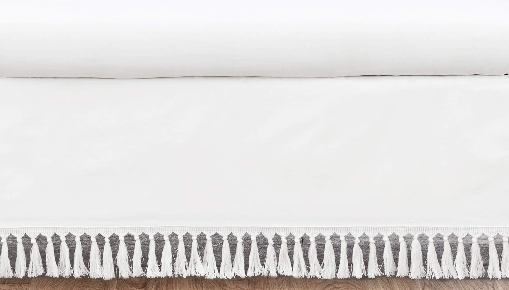 Sweet Jojo Designs White Girl Baby Nursery Crib Bed Skirt Dust Ruffle - Solid Color Tassel Fringe for Lemon Floral Collection