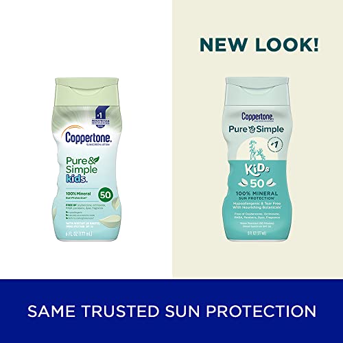 Coppertone Pure and Simple Kids Sunscreen Lotion, Zinc Oxide Mineral Sunscreen for Kids, Tear Free, Broad Spectrum SPF 50 Sunscreen, 6 Fl Oz Bottle