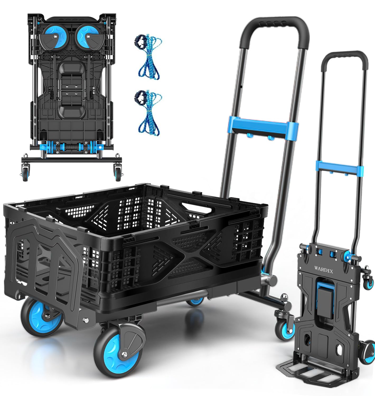 2 in 1 Folding Hand Truck Dolly with Folding Basket, 330LBS Capacity Foldable Dolly with 4 Wheels, Dolly Cart with 3-Gear Retractable Handle, Collapsible Rolling Carts for Moving