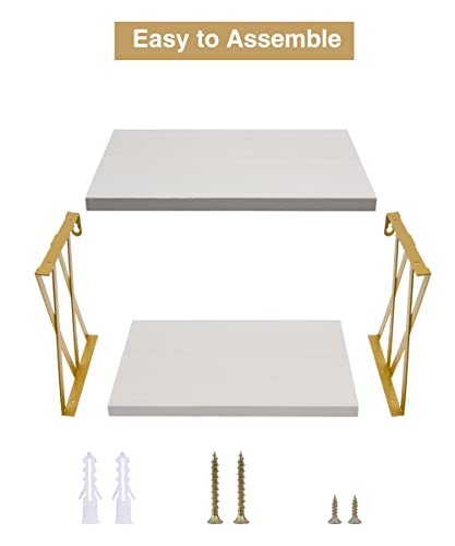 Afuly Floating Nightstand Wall Mounted, 12 Inch Bedside Table for Bedroom Storage Decor, Modern White Gold Wall Shelves for Home Livingroom Bathroom Kitchen Decor