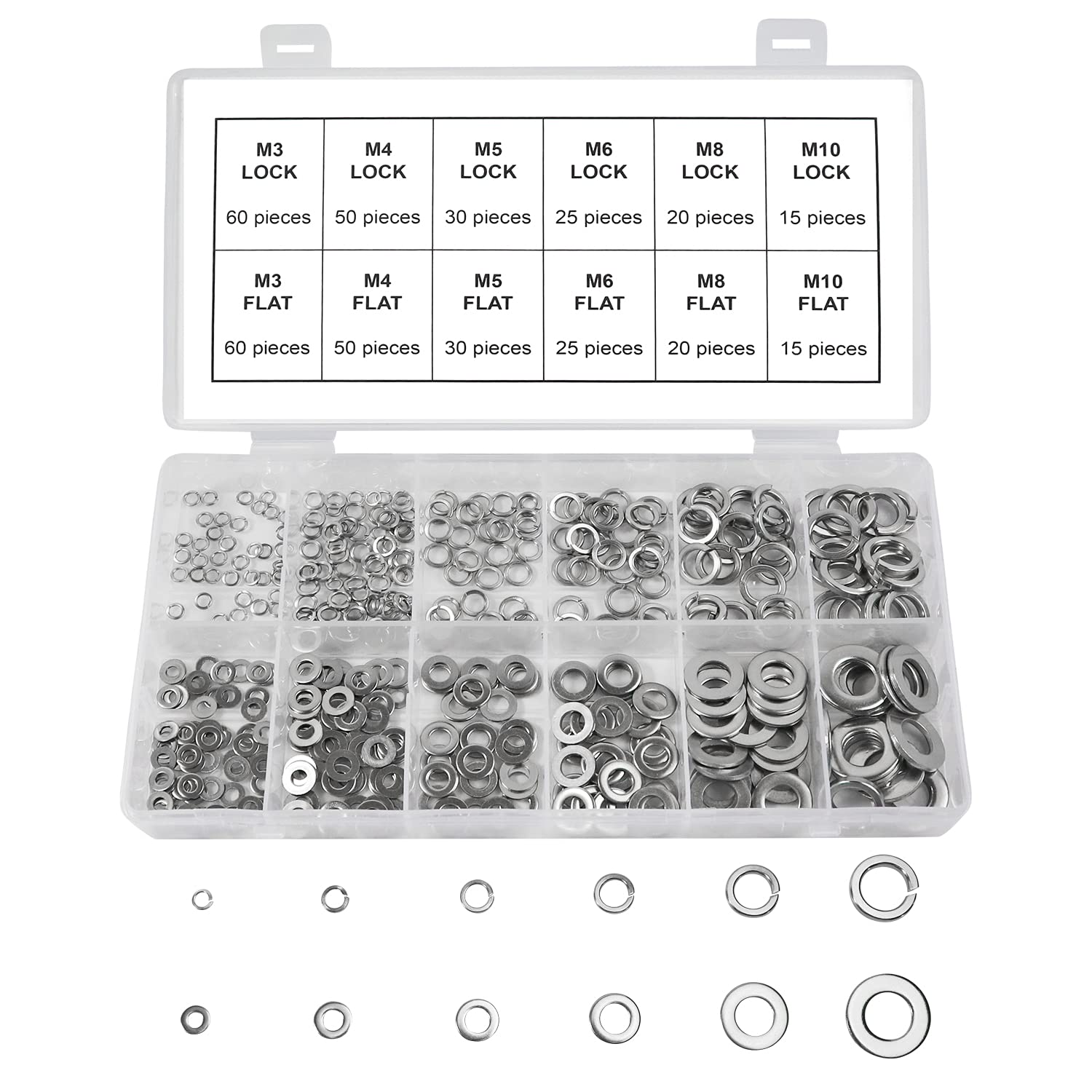 Split Lock and Flat Washer Assortment Set 304 Stainless Steel 400 Piece Silver, M3 M4 M5 M6 M8 M10 (Silver)